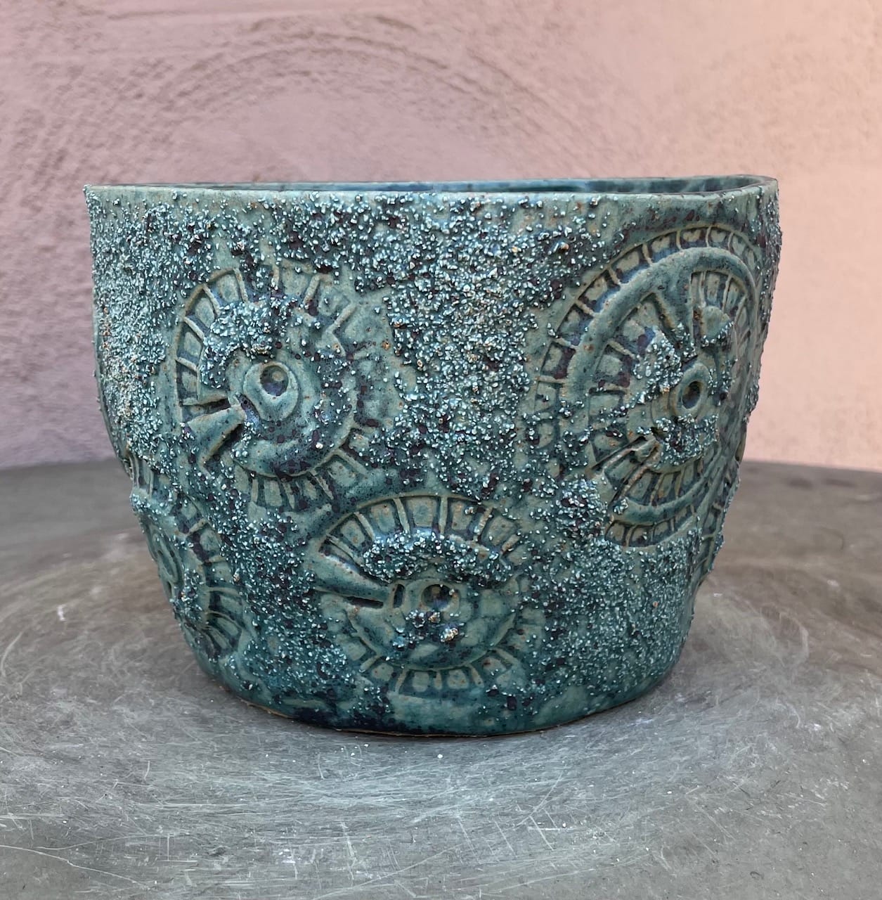 7" Green Fossil Planter - Susan Aach Ceramics